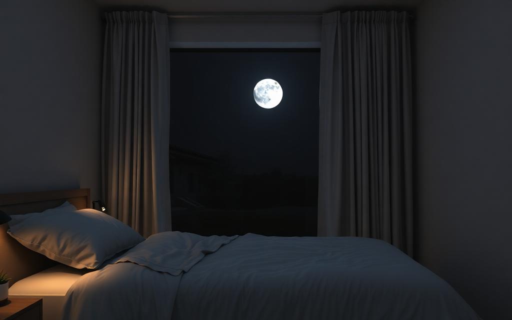 A quiet bedroom at night with moonlight — representing 30 decibels